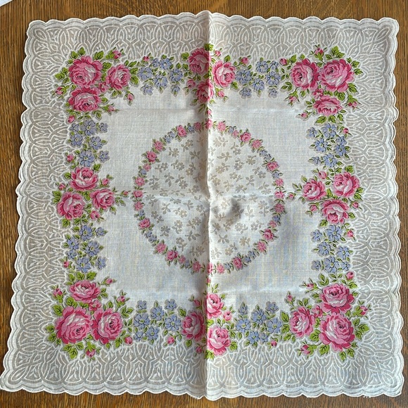 Accessories | Vintage White Organdylinen Handkerchief W Pink Rose Motif ...